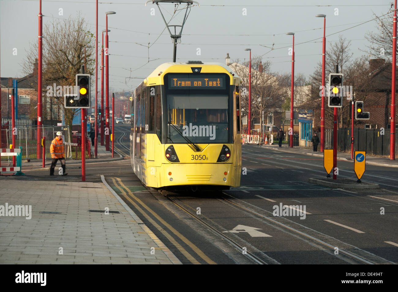 Metrolink tram during testing on the East Manchester Line at Droylsden ...
