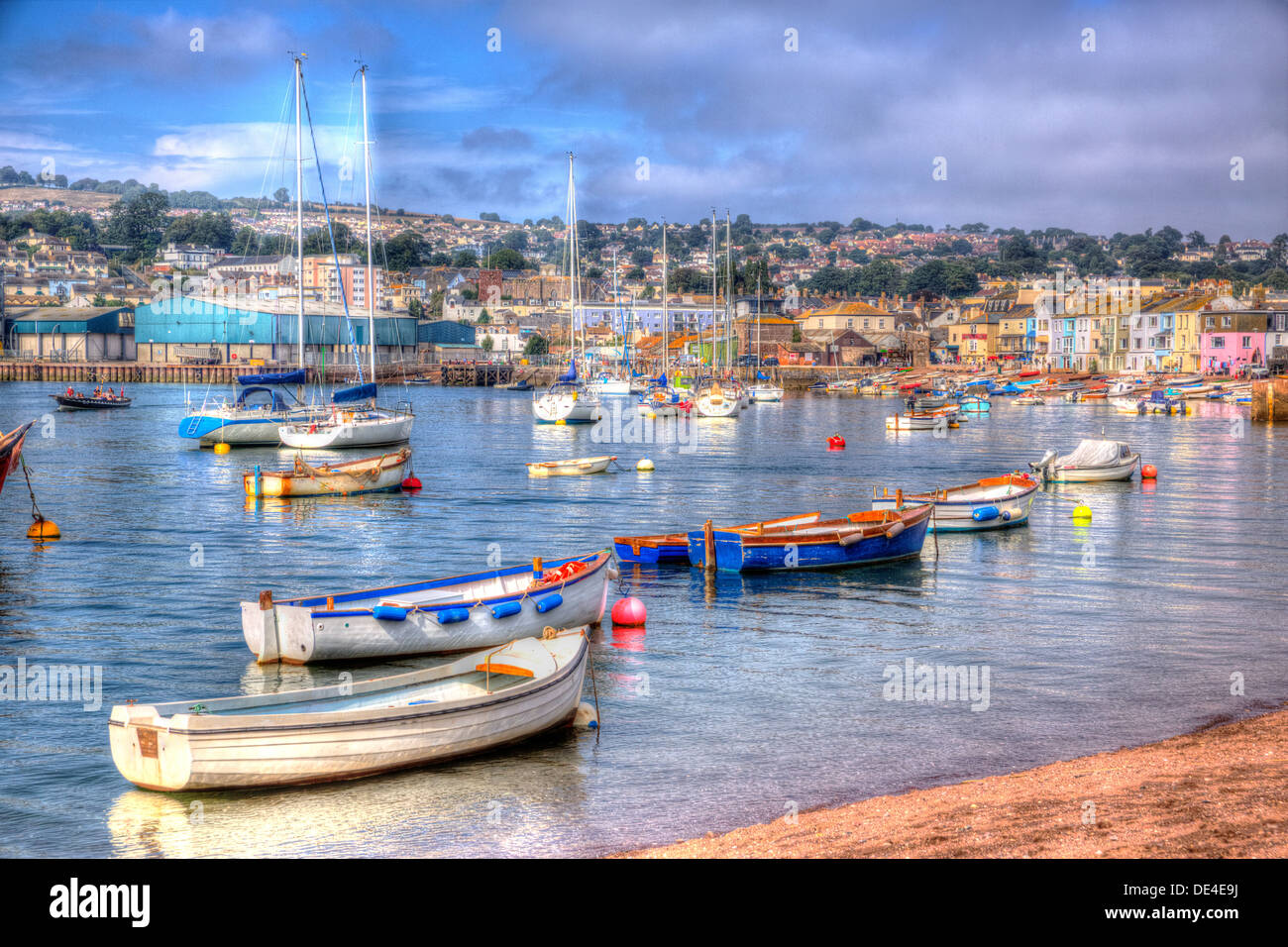Boats on Teign river Teignmouth Devon with blue sky, English coastal ...