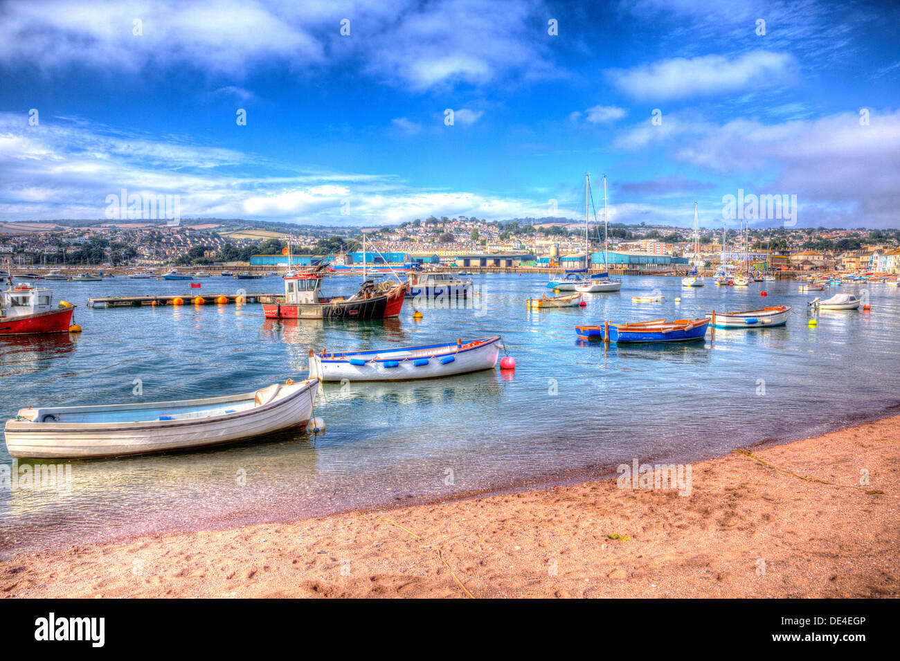 Boats on Teign river Teignmouth Devon with blue sky, English coastal ...