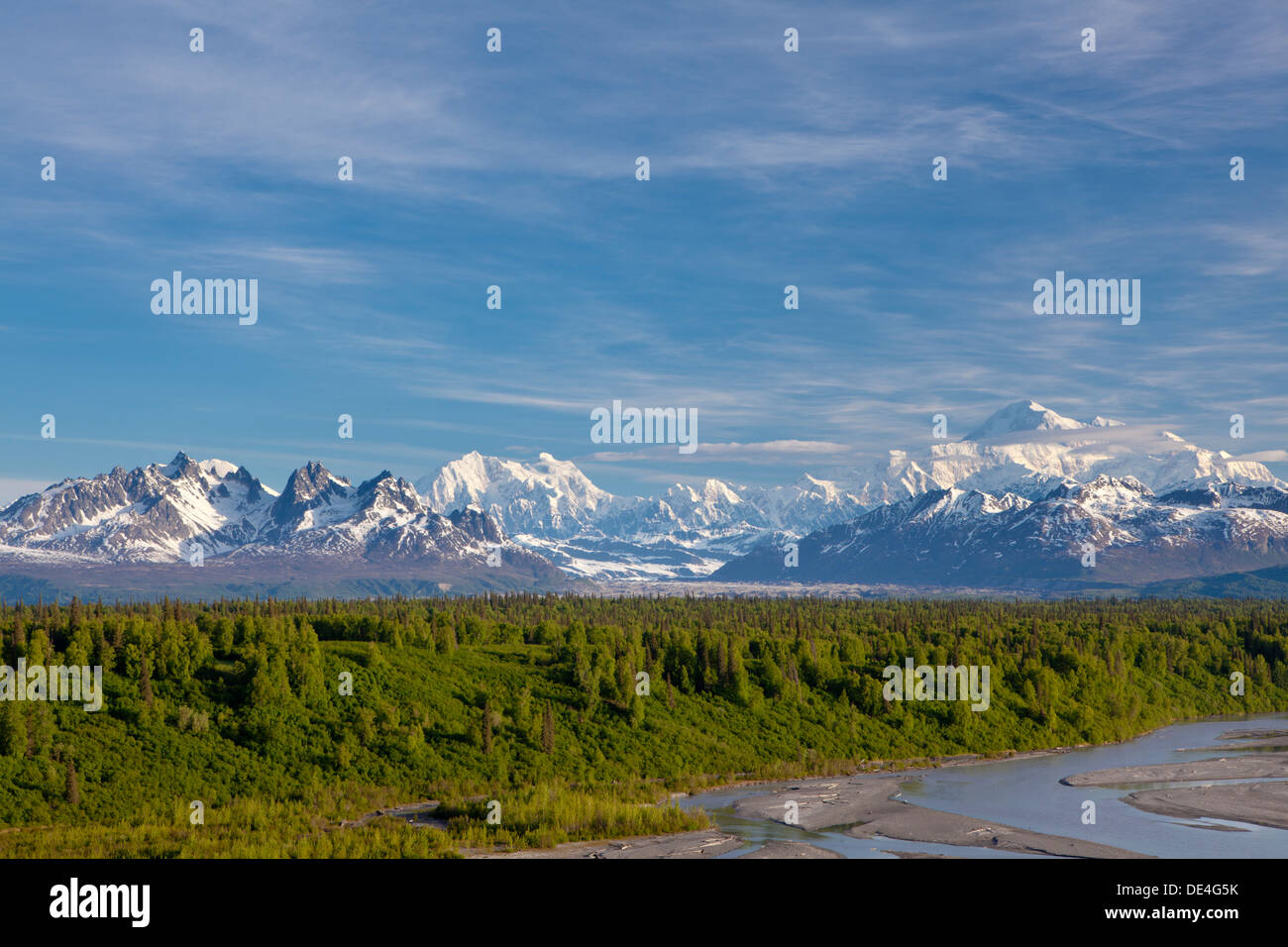 View of McKinley or Denali, Foraker and Hunter mounts behind Chulitna ...