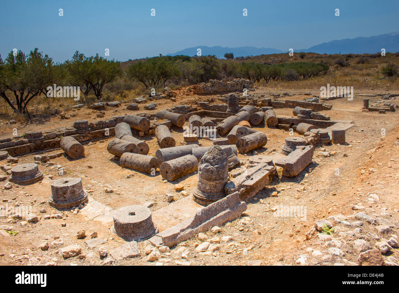 A ruined Roman peristyle villa showing original pillars in the ruined ...