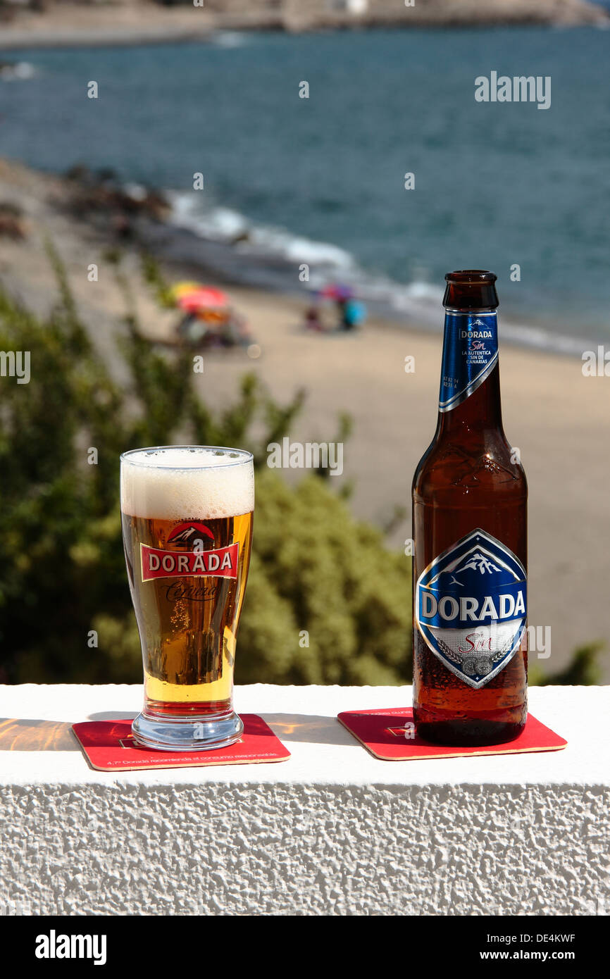 A bottle and glass of Dorada alcohol free beer, brewed in Tenerife ...
