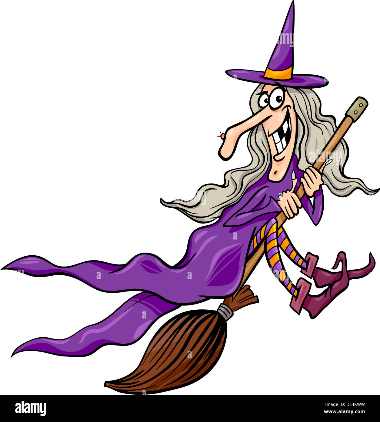 Cartoon Illustration of Funny Fantasy or Halloween Witch Flying on ...