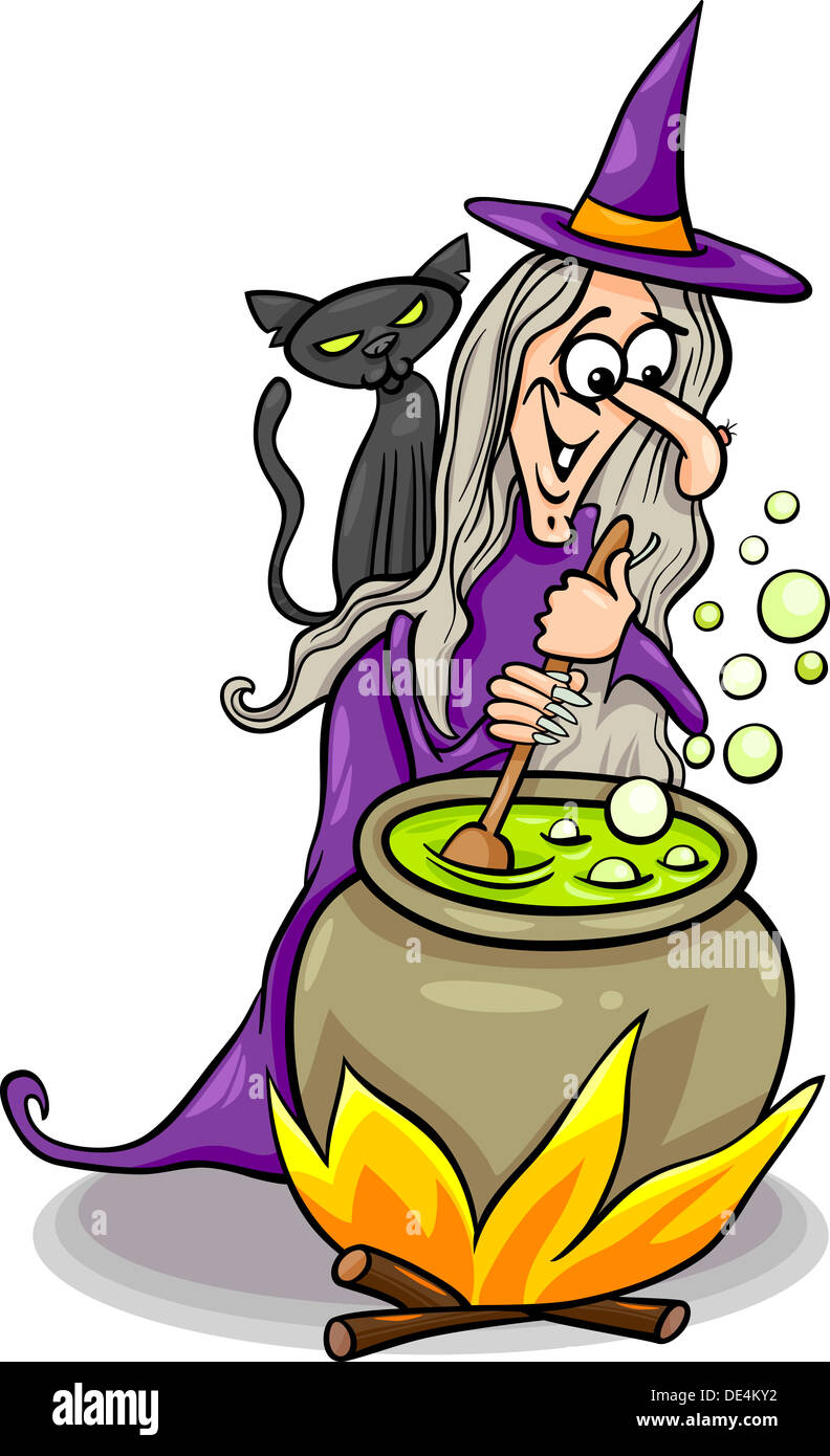 Cartoon Illustration of Funny Fantasy or Halloween Witch with Black Cat ...