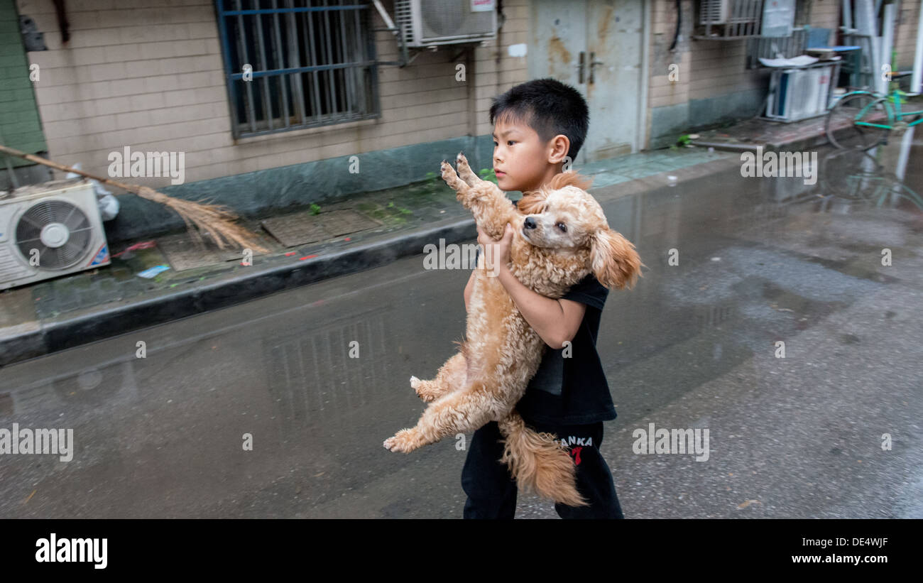 Boy carrying a dog Stock Photo - Alamy