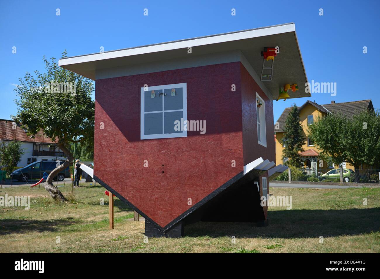 A garden cabin stands upside down in a garden in Wellen, Germany, 5 ...