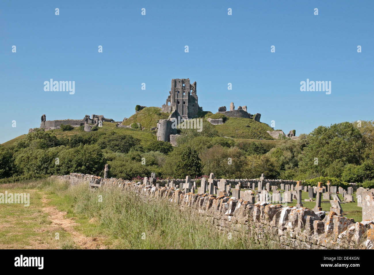 Corfe Castle, Dorset, UK looking north west across God's Acre Cemetery ...