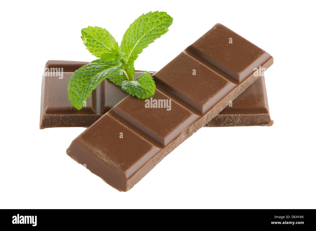 Closeup detail of chocolate parts and mint leaves on white background ...