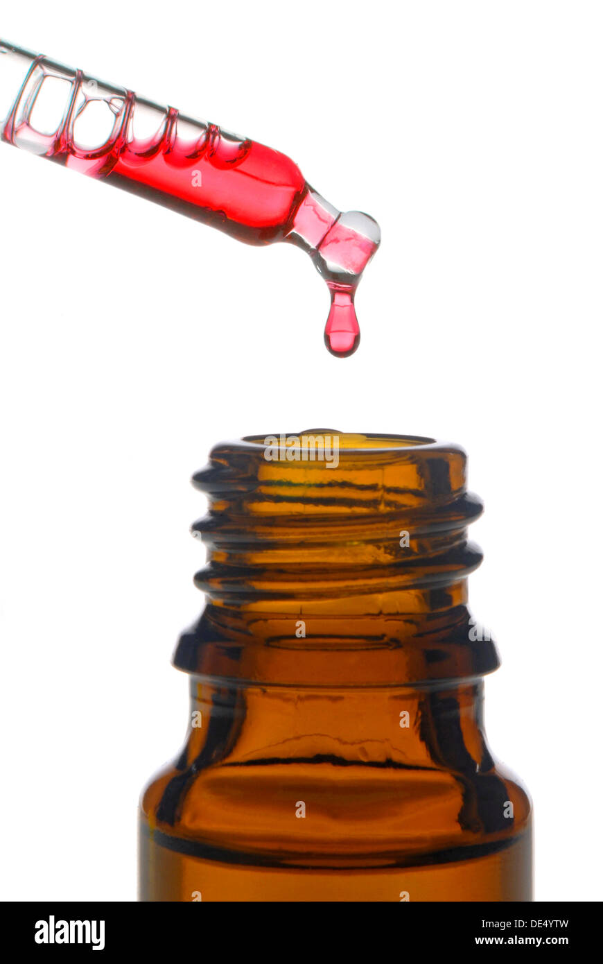 Bottle being filled with red liquid via a pipette Stock Photo - Alamy