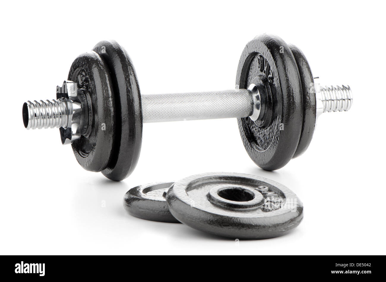 Fitness exercise equipment dumbbell weights on white background Stock ...