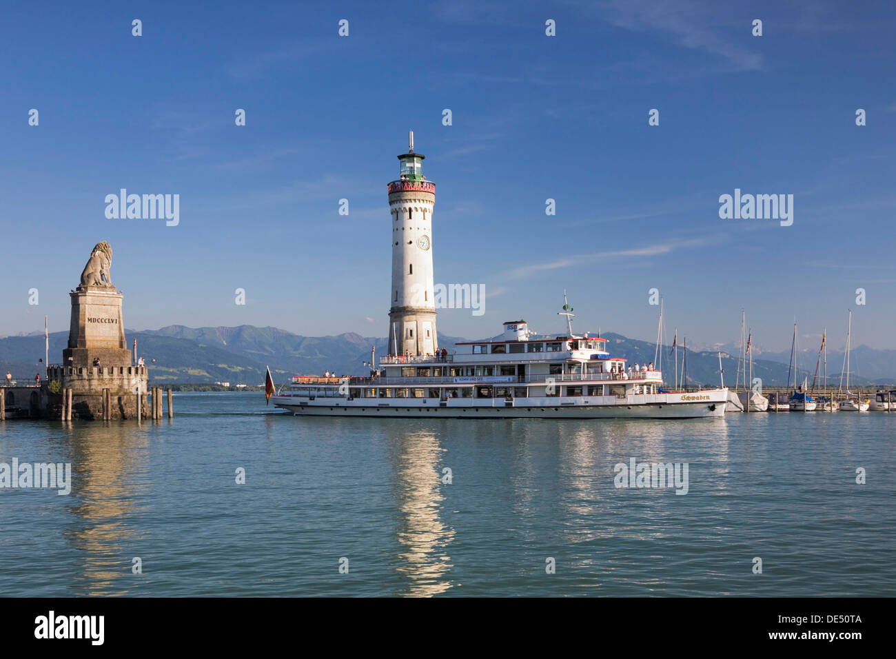 Passenger ferry sailing into the port of Lindau, Lake Constance ...