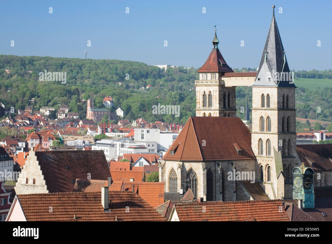The historic district with Stadtkirche church, Esslingen am Neckar ...
