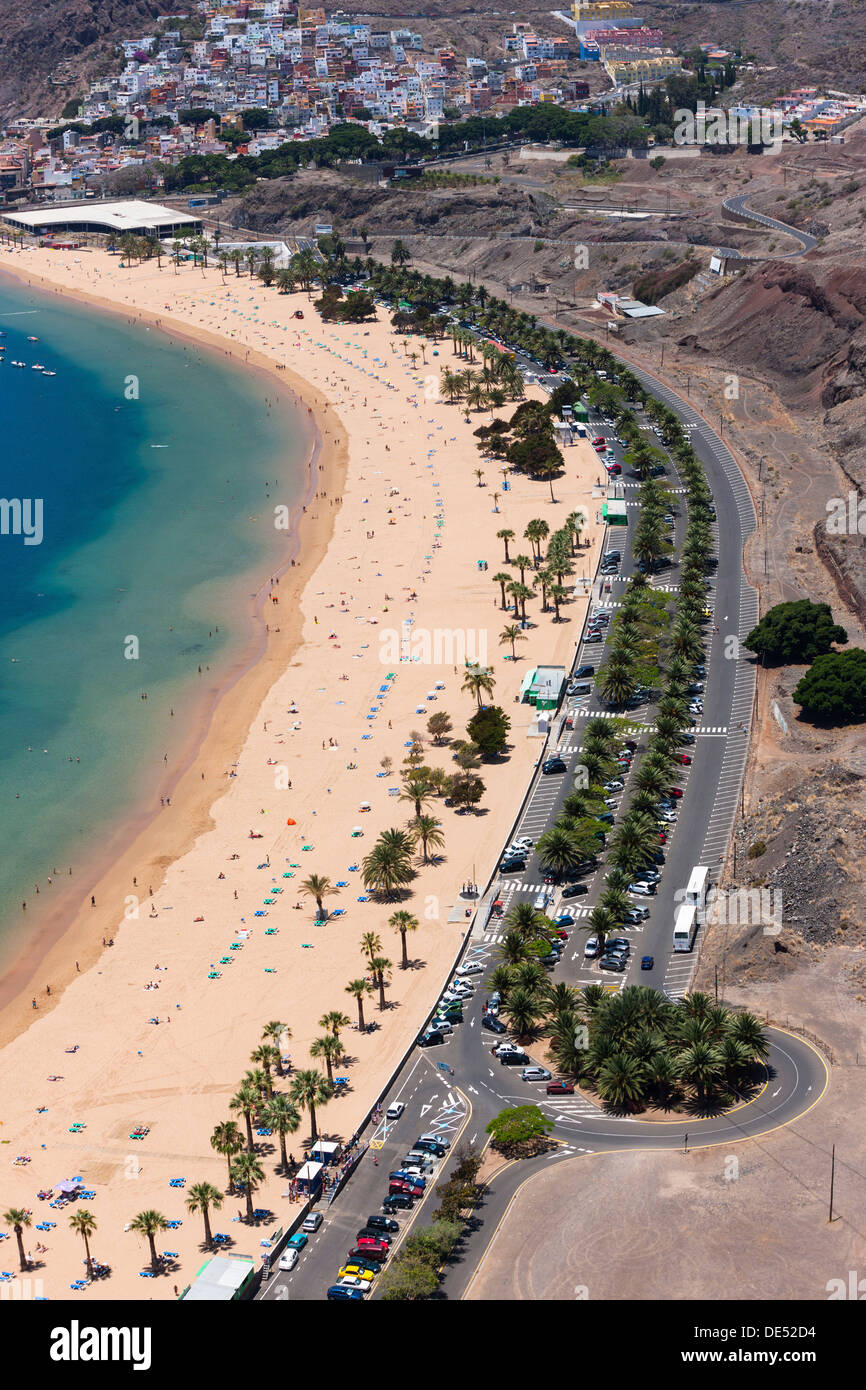 The sandy beach of Playa de las Teresitas with palm trees, bird's eye ...