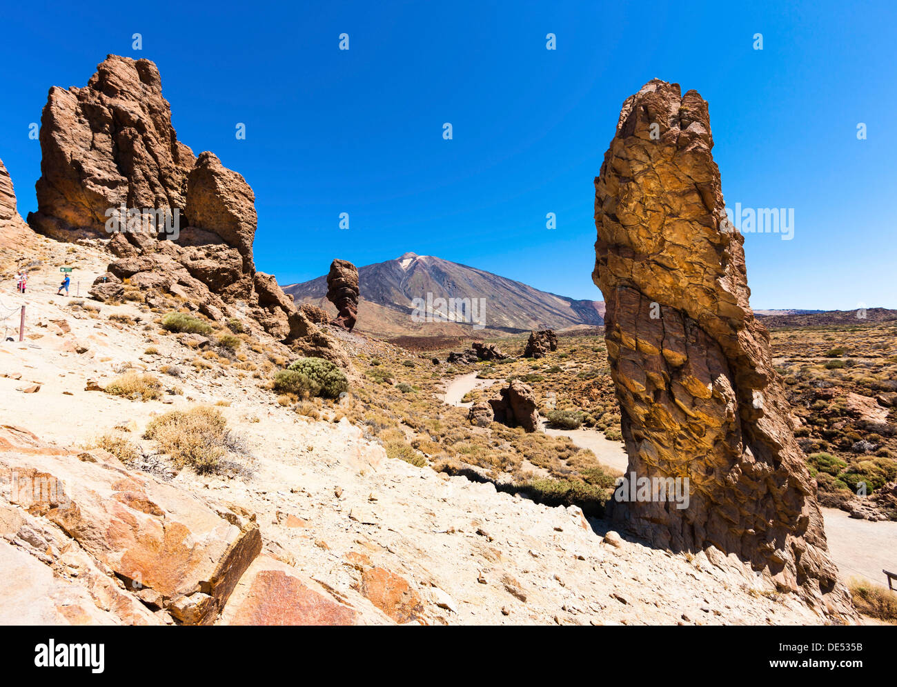 Lava rocks with the Pico del Teide volcano at back, Teide National Park ...
