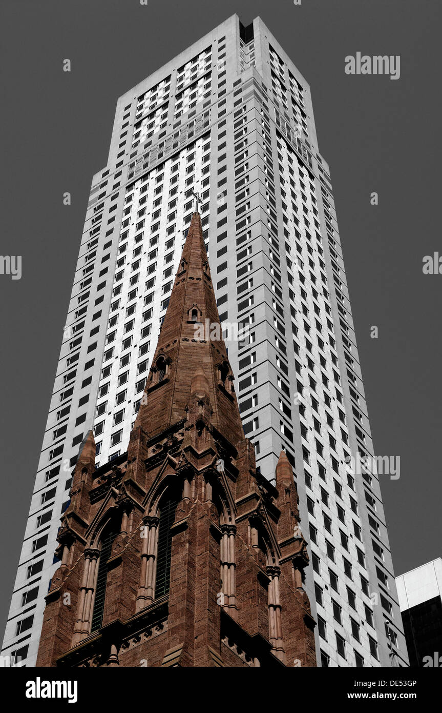 Old tower of the Presbyterian Church in front of a skyscraper, Fifth ...