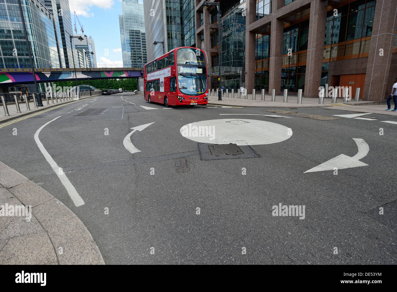 Canary Wharf roundabout approached by a double decker Stock Photo - Alamy