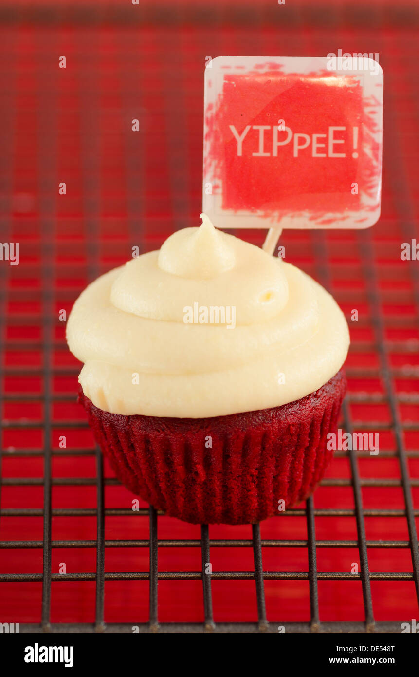 One cream cupcake with the message: Yippee! Stock Photo - Alamy