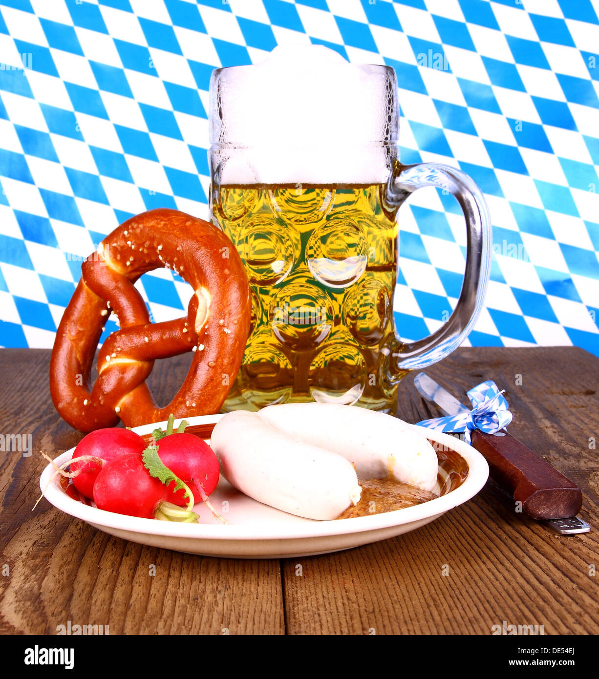 White sausage, pretzel, beer, radish with mustard, close up Stock Photo ...