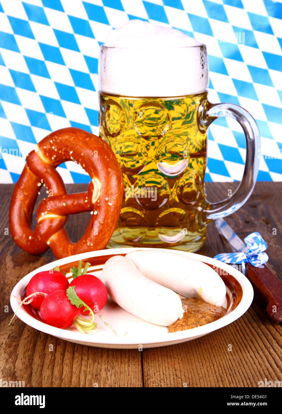 White sausage, pretzel, beer, radish with mustard, vertical Stock Photo ...