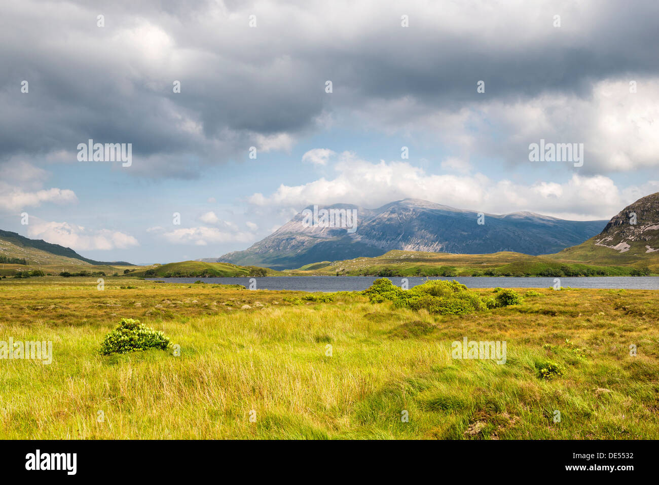 View over moorland to Loch nan Elachan and Ben Arkle, 787m, Sutherland ...