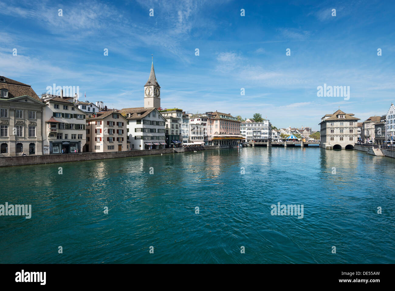 View of the Limmat river with the old town promenade, Zurich, Canton ...