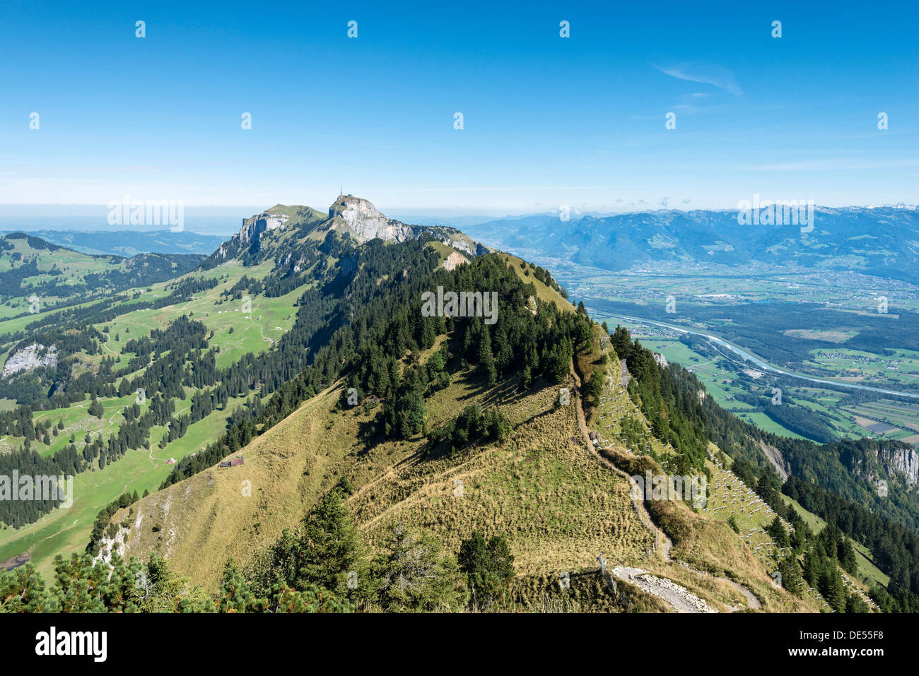 View seen from the geological mountain trail, Appenzell Alps, leading ...