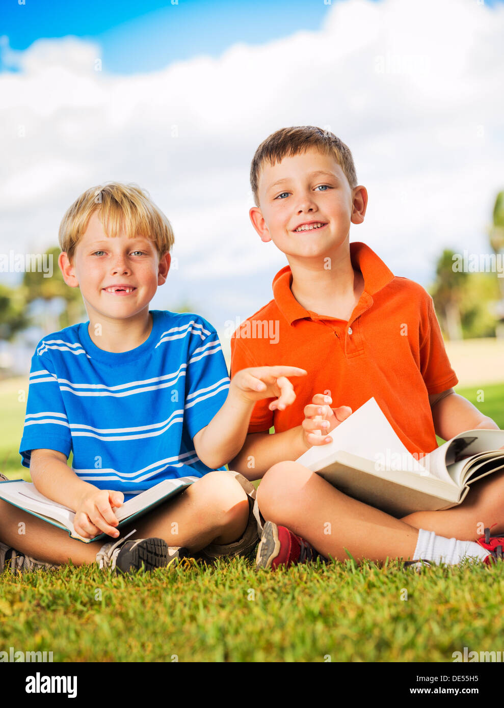 Happy Kids, Young Boys Reading Books Outside, Friendship and Learning ...