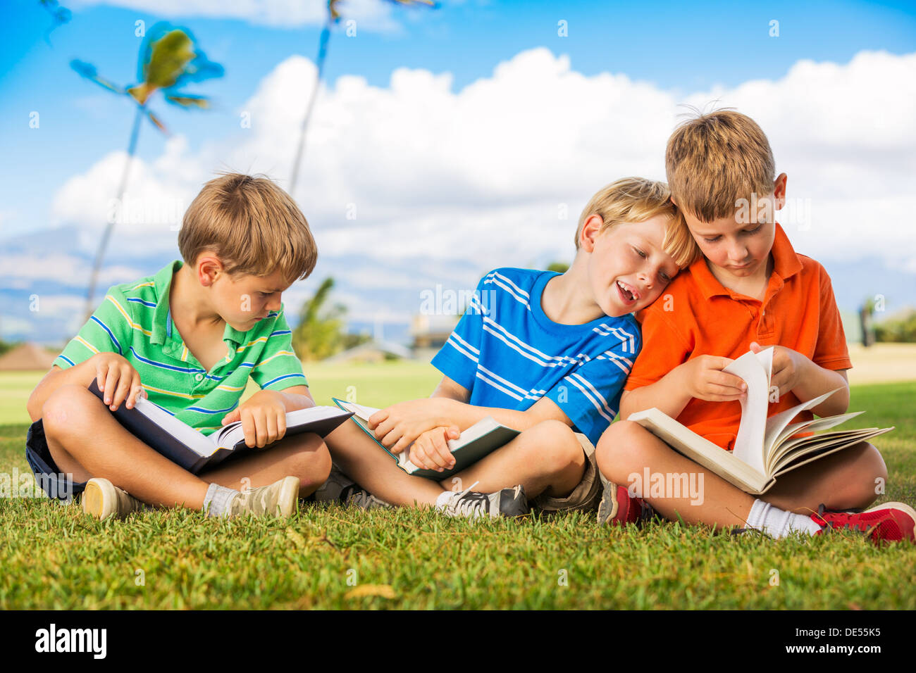 Group of Happy Kids Reading Books Outside, Friendship and Learning ...