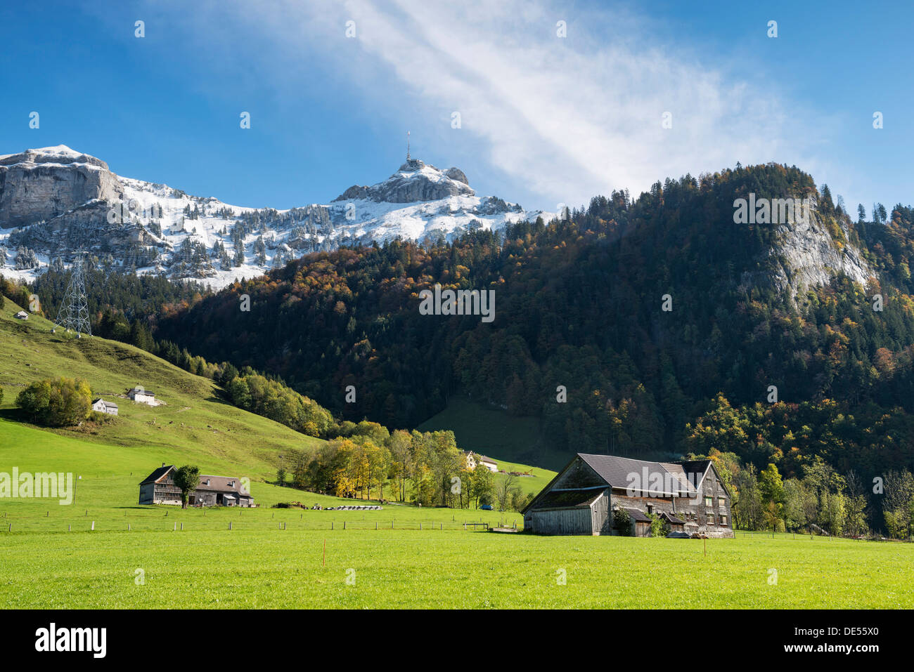 View over a pasture to the snow-capped Appenzell Alps, Hoher Kasten ...