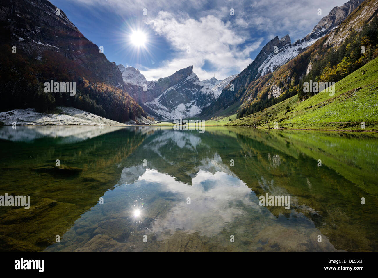 Seealpsee Lake, with reflections of Mt Saentis, Schwende, Appenzeller ...