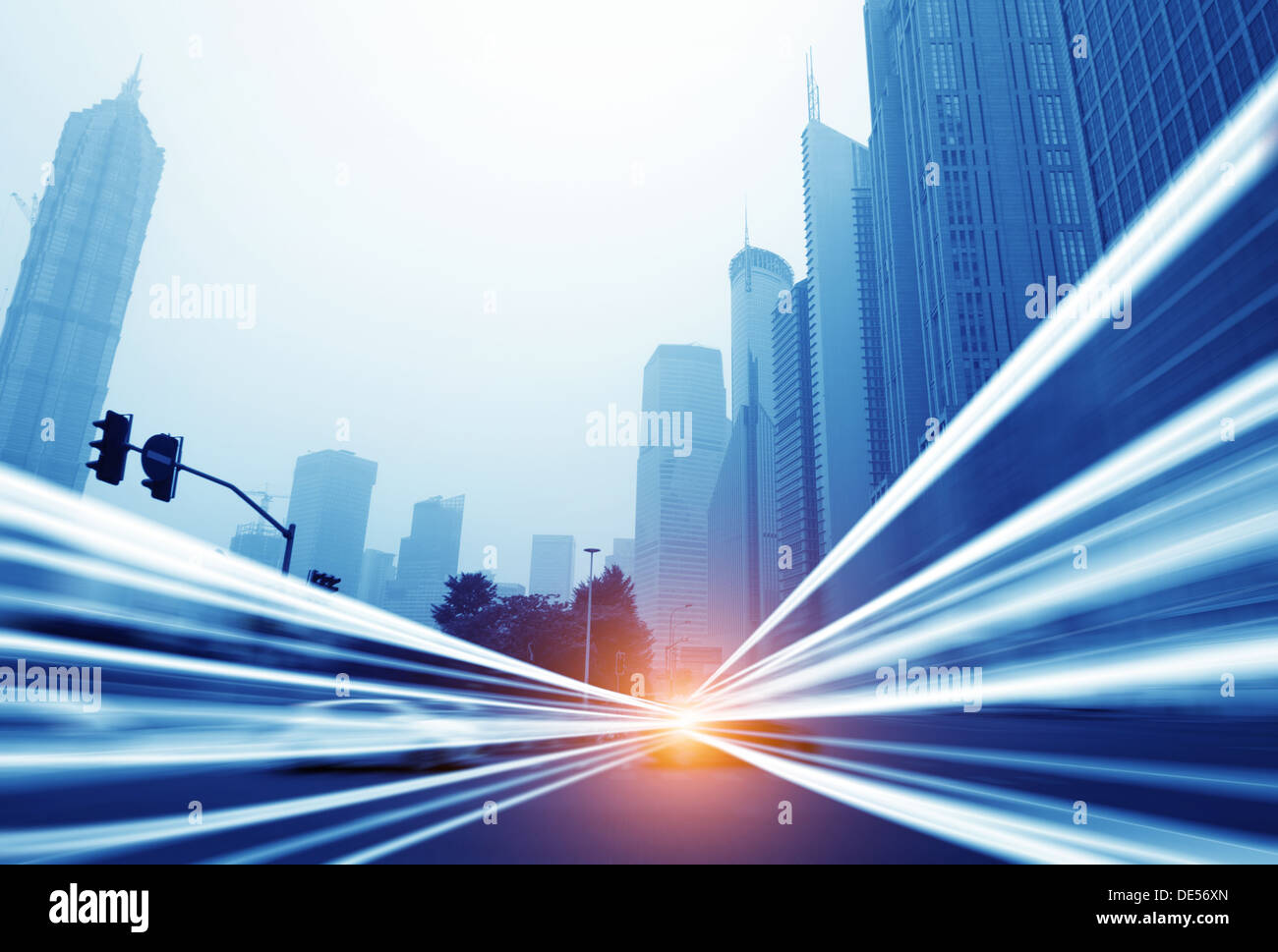 the light trails on the modern building background in shanghai china ...