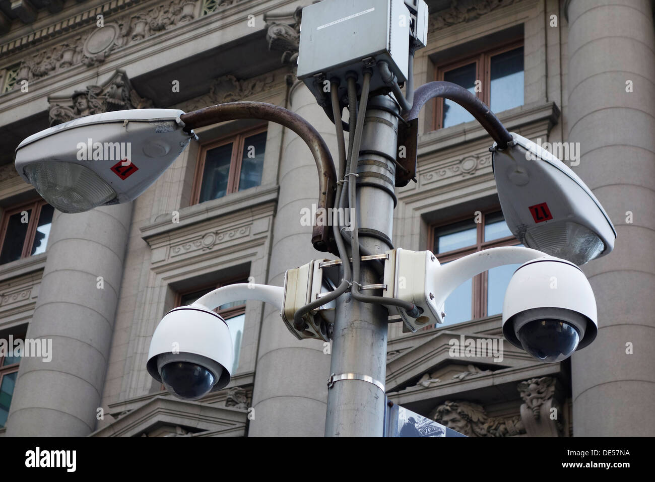 two security cameras on a post Stock Photo - Alamy