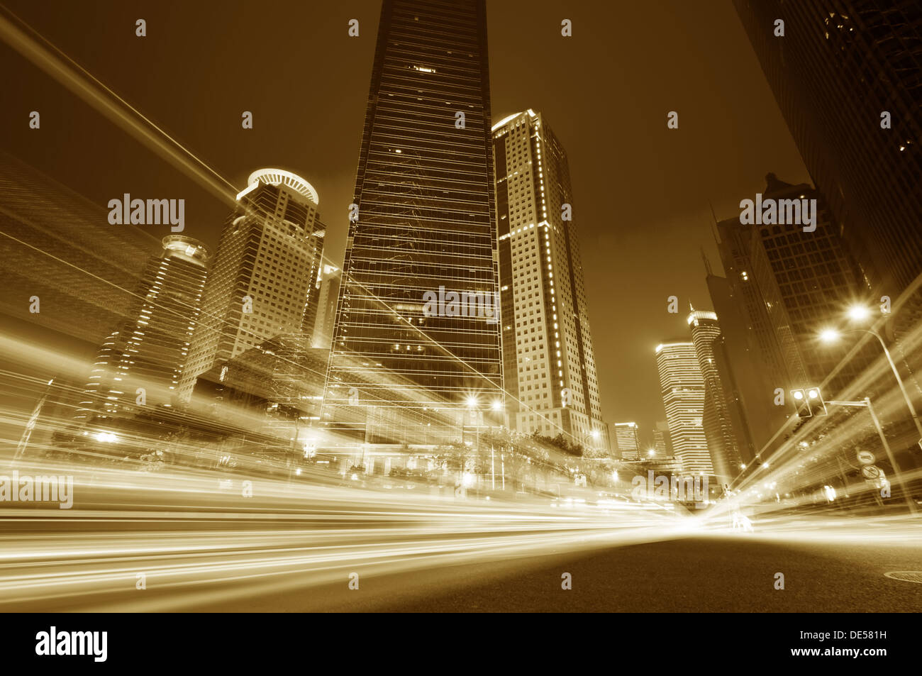 the light trails on the modern building background in shanghai china ...