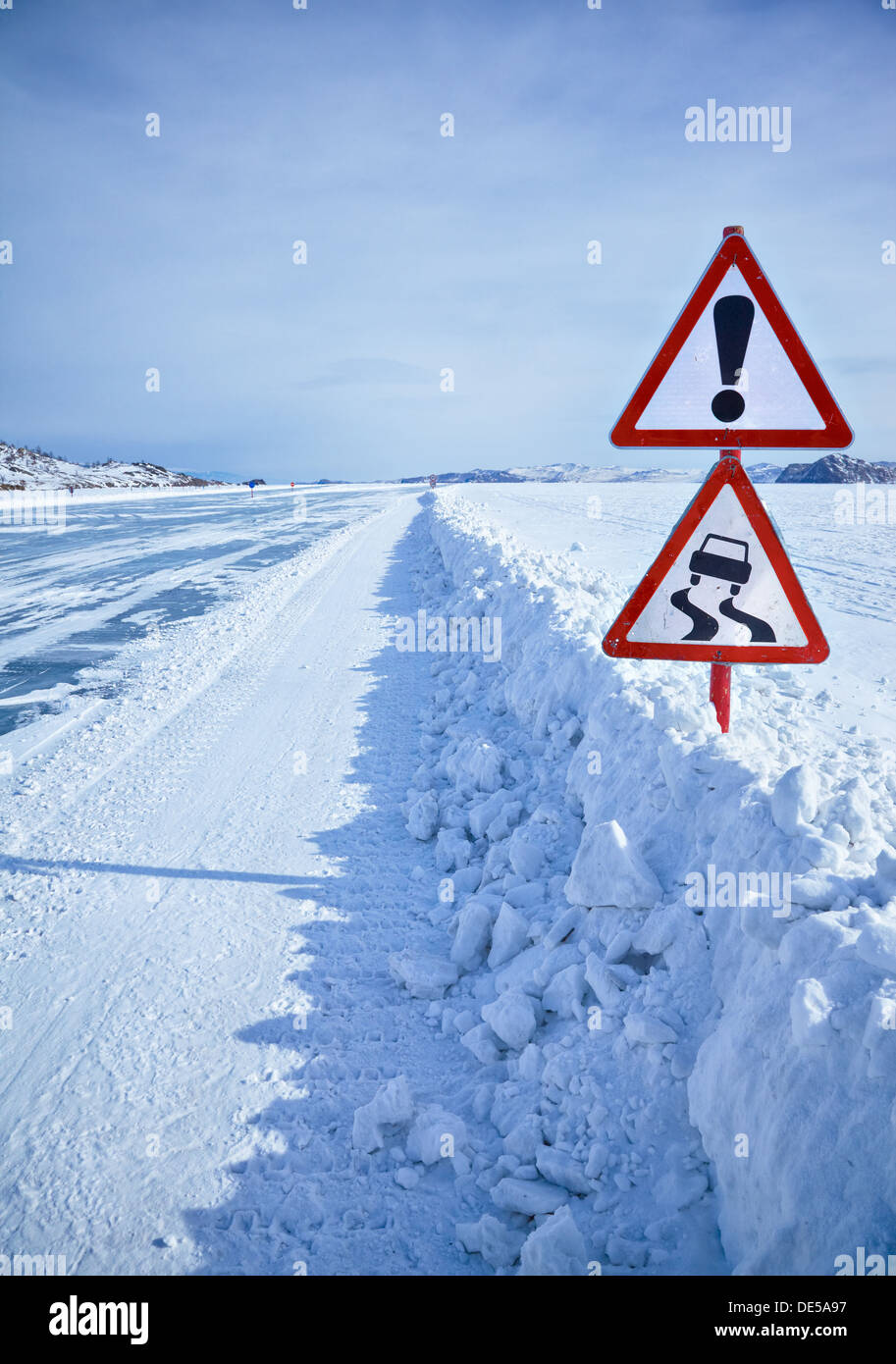 Warning traffic sign on Baikal ice crossing to Olkhon island Stock ...