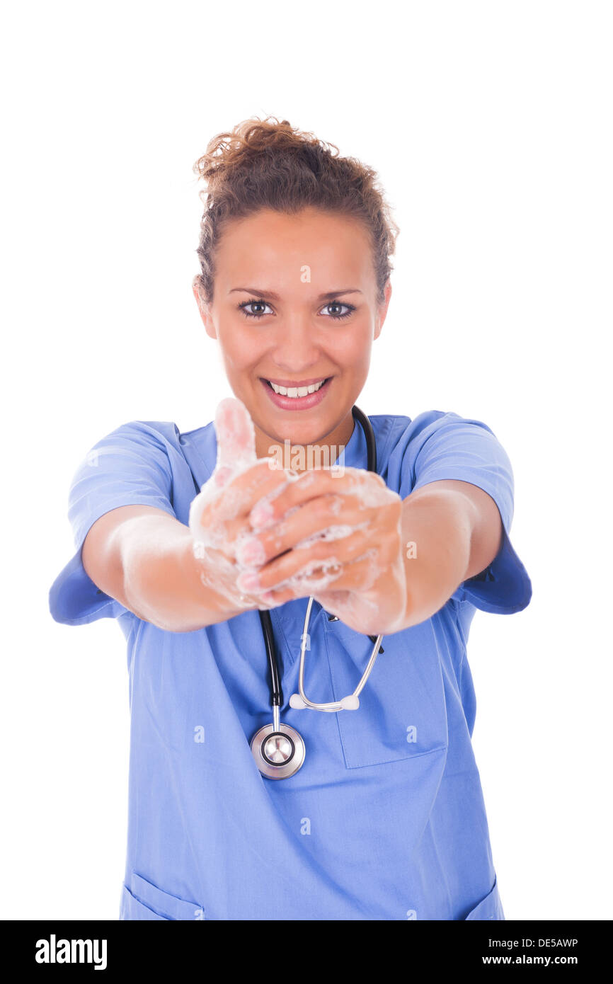 young nurse washing hands with soap isolated Stock Photo - Alamy