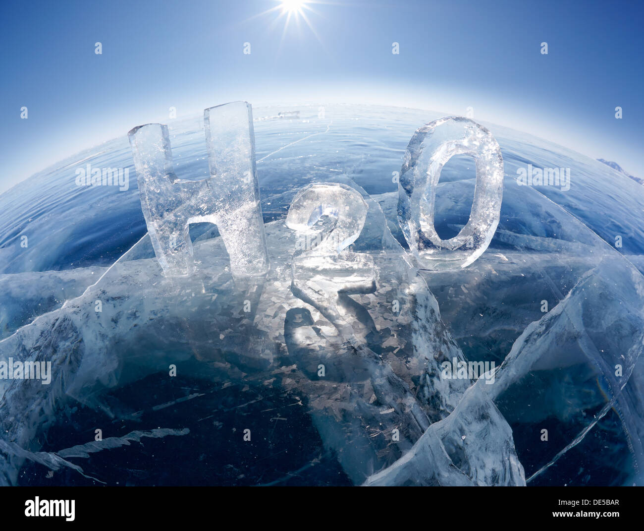 Chemical formula of water H2O made from ice on winter frozen lake ...
