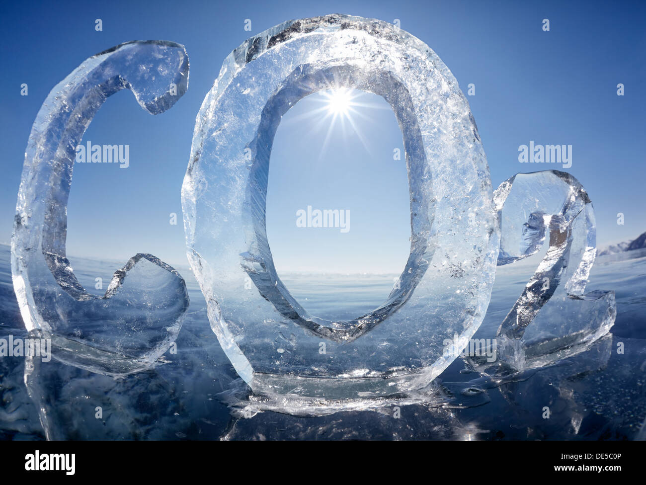 Chemical formula of greenhouse gas carbon dioxide CO2 made from ice on ...