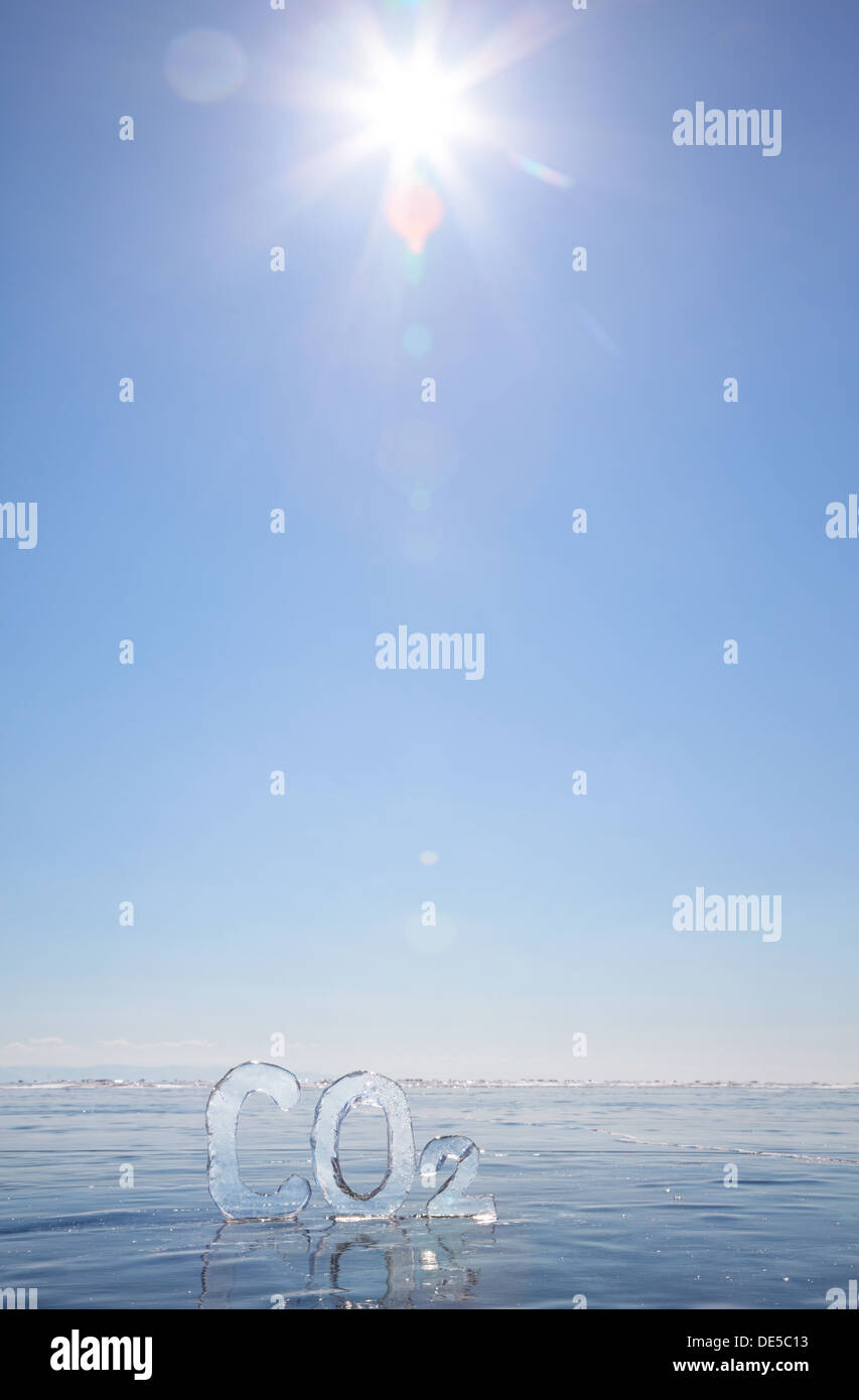 Chemical formula of greenhouse gas carbon dioxide CO2 made from ice on ...