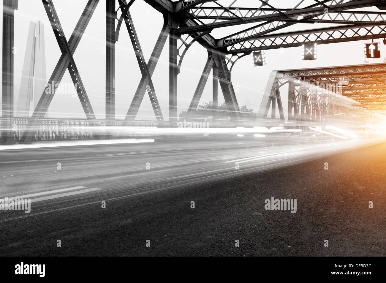 Night traffic lights inside of the Garden Bridge of shanghai china ...