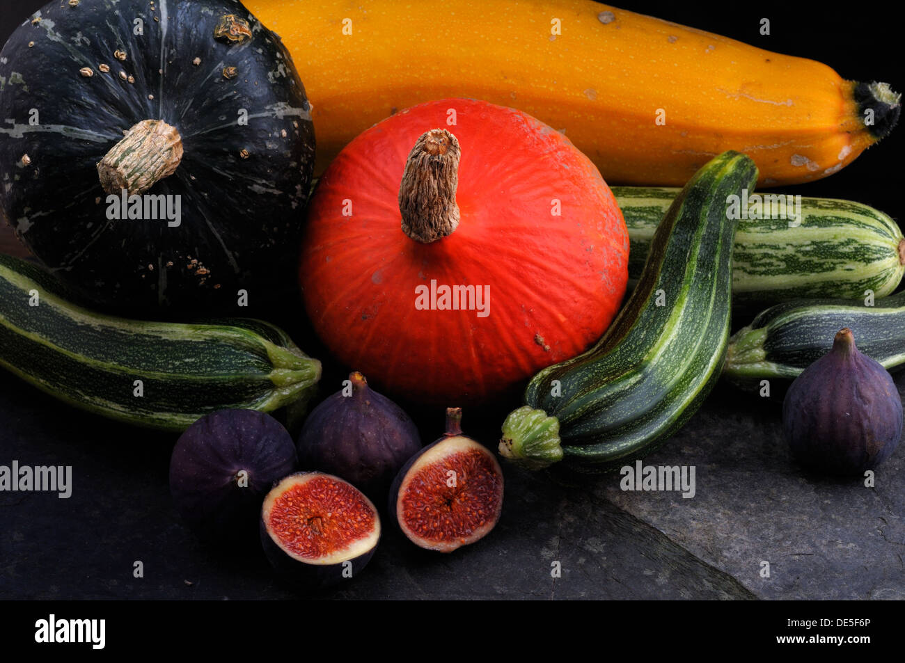 Figs squash zucchini figs courgettes marrow still life on slate ...