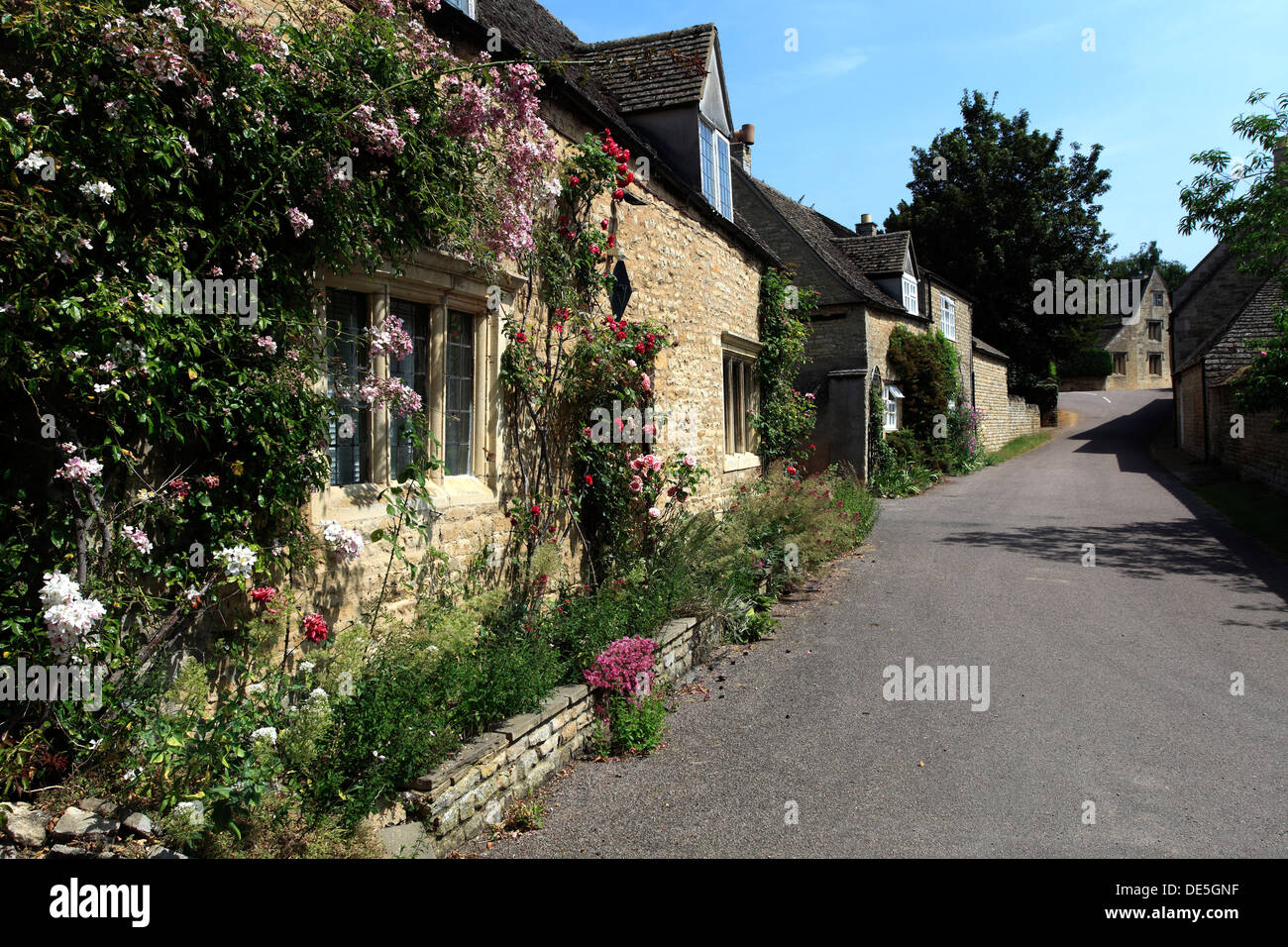 Summer view of stone cottages in Duddington village, Northamptonshire ...