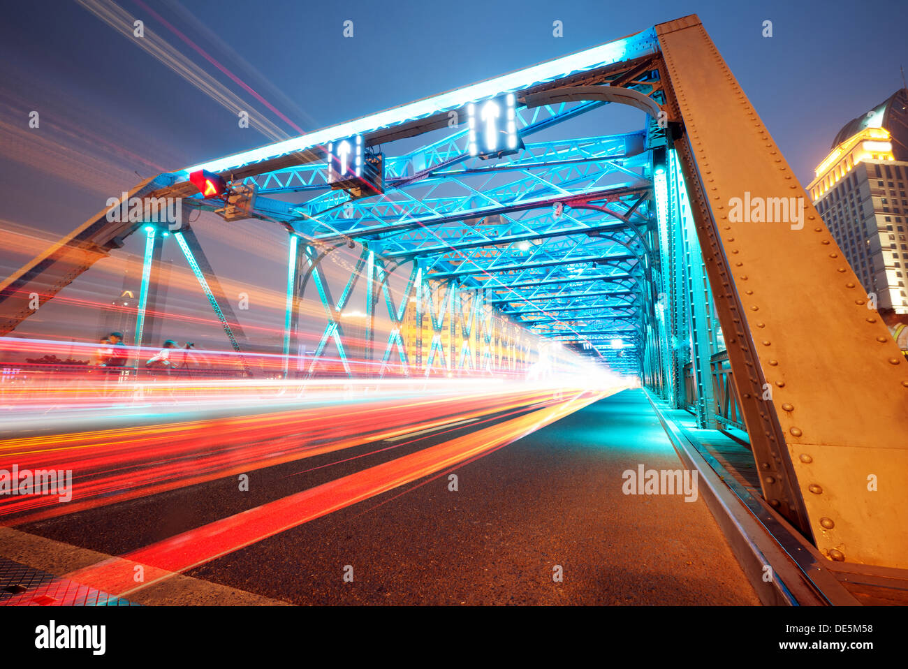 Night traffic lights inside of the Garden Bridge of shanghai china ...