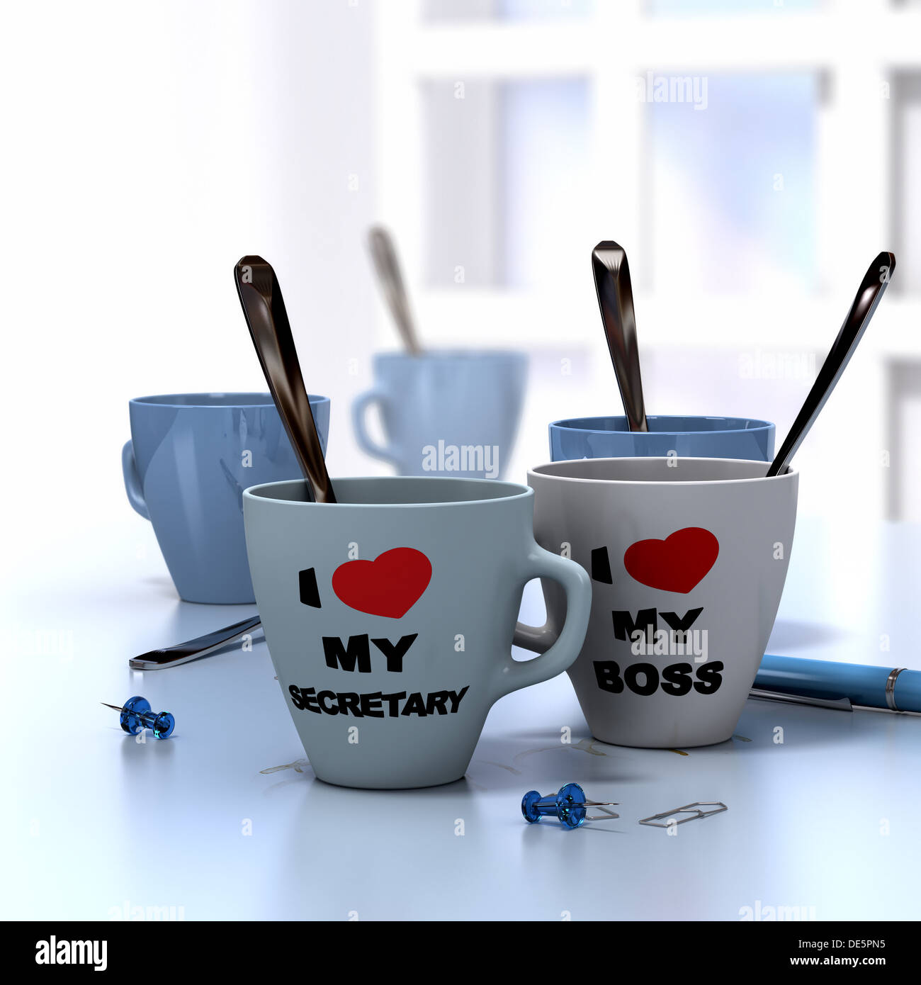 Romantic workplace relationship concept consisting of two mugs where it ...