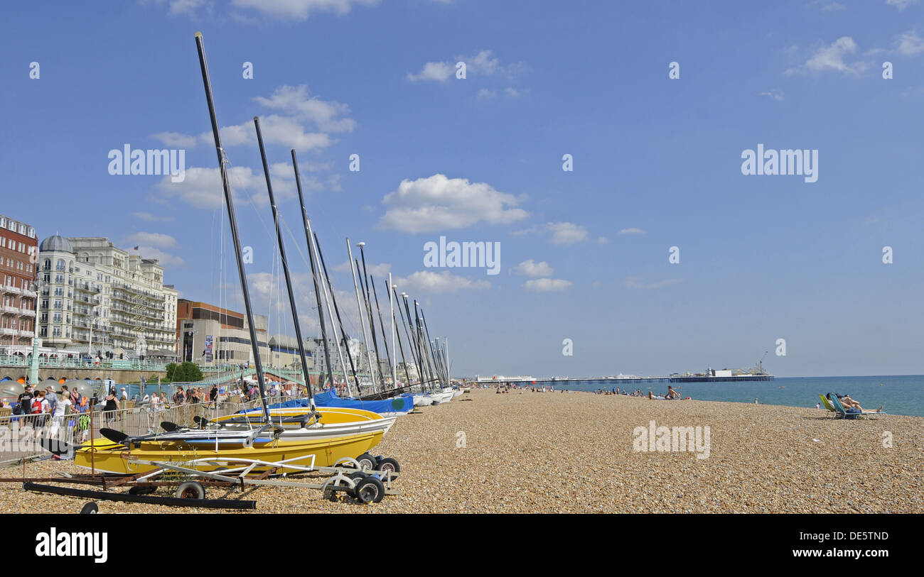 View along the Brighton beach with Sailboats to Pier Brighton East ...