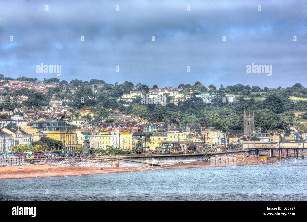 View of Teignmouth town beach and seafront Devon England, traditional ...