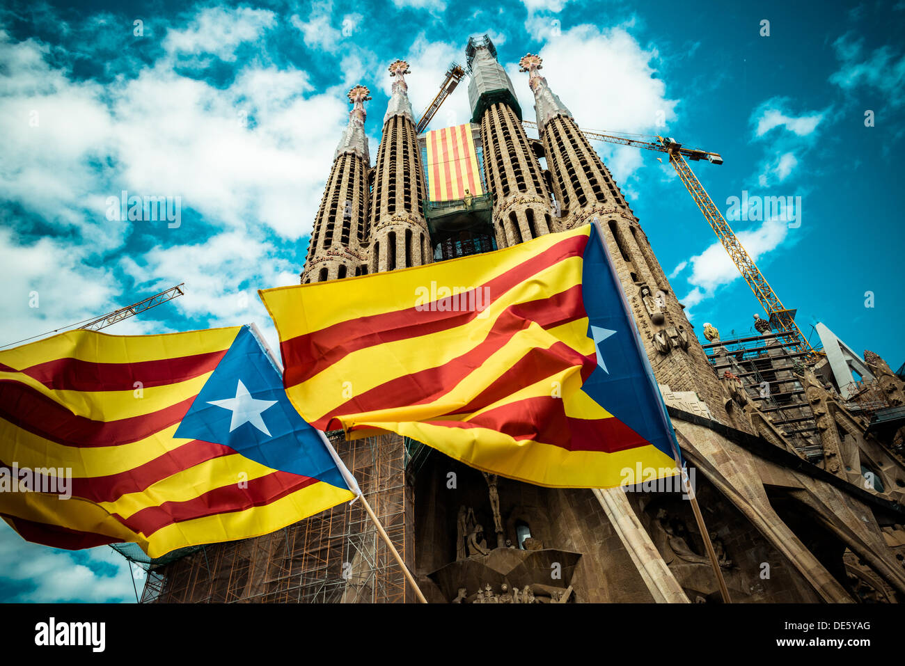 Barcelona, Spain. September 11th, 2013: Blue "Estelada" flags, symbol ...