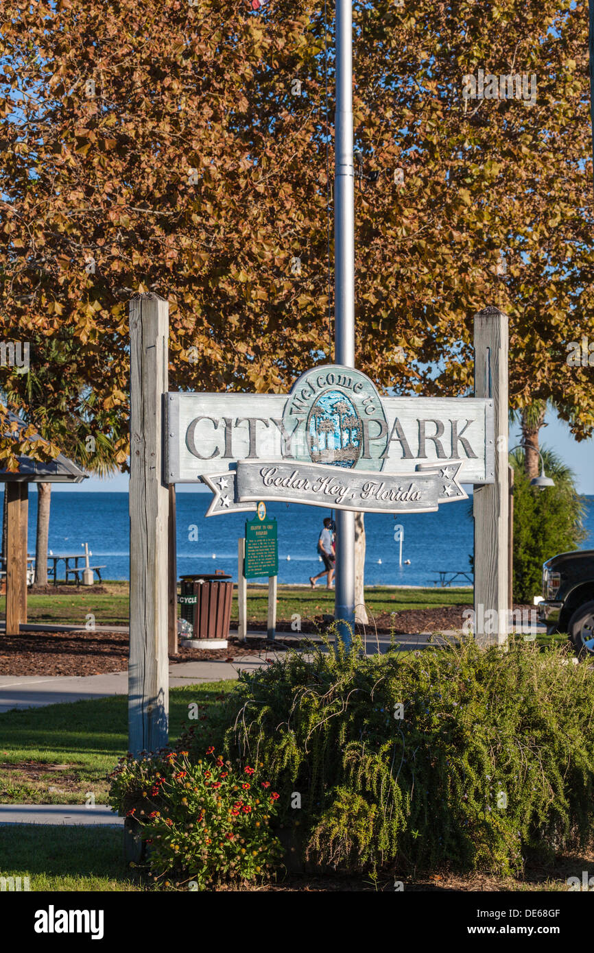 Sign at entrance to the city park in downtown Cedar Key, Florida Stock ...