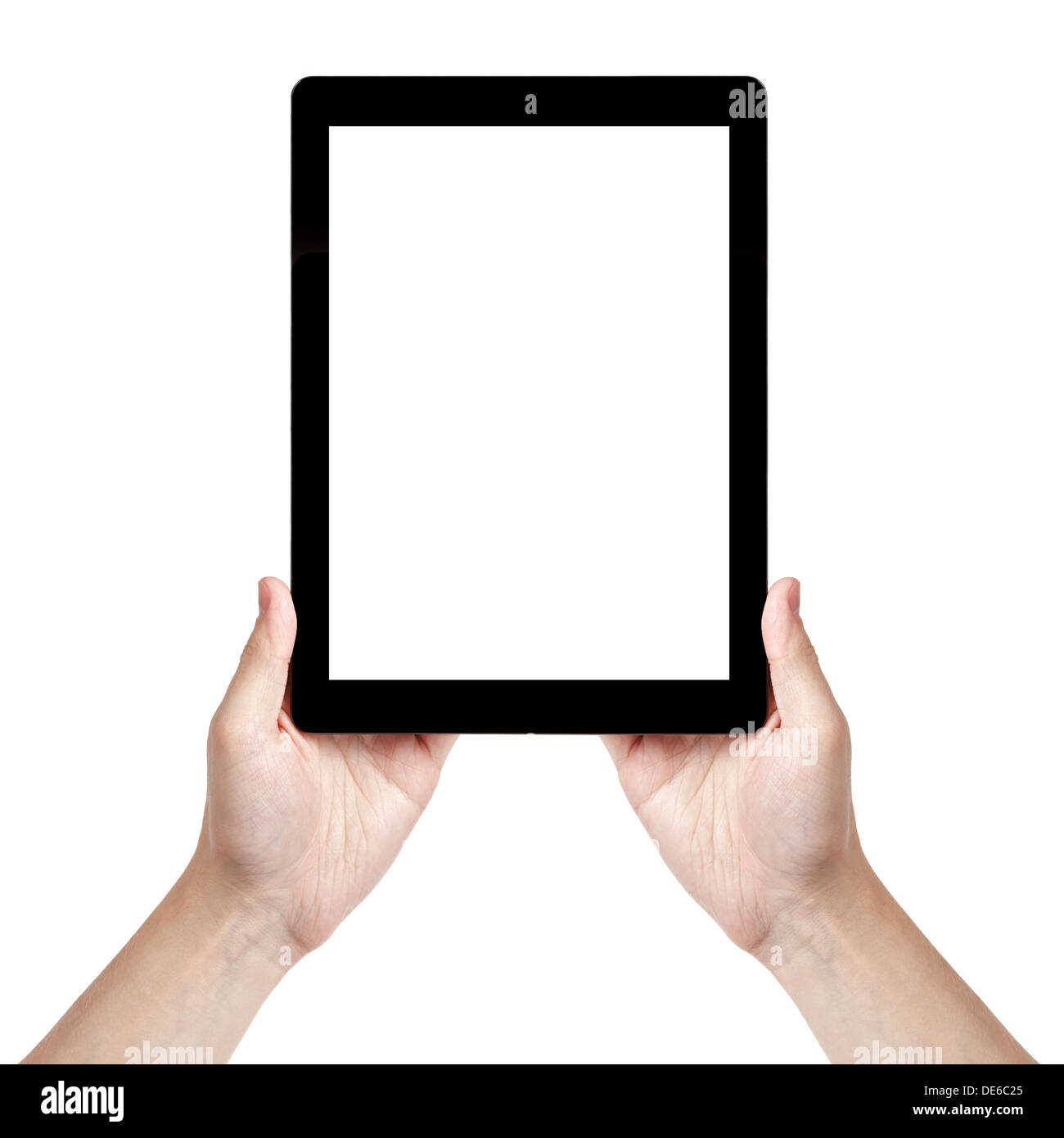 adult man hand holding generic tablet pc with white screen, isolated ...