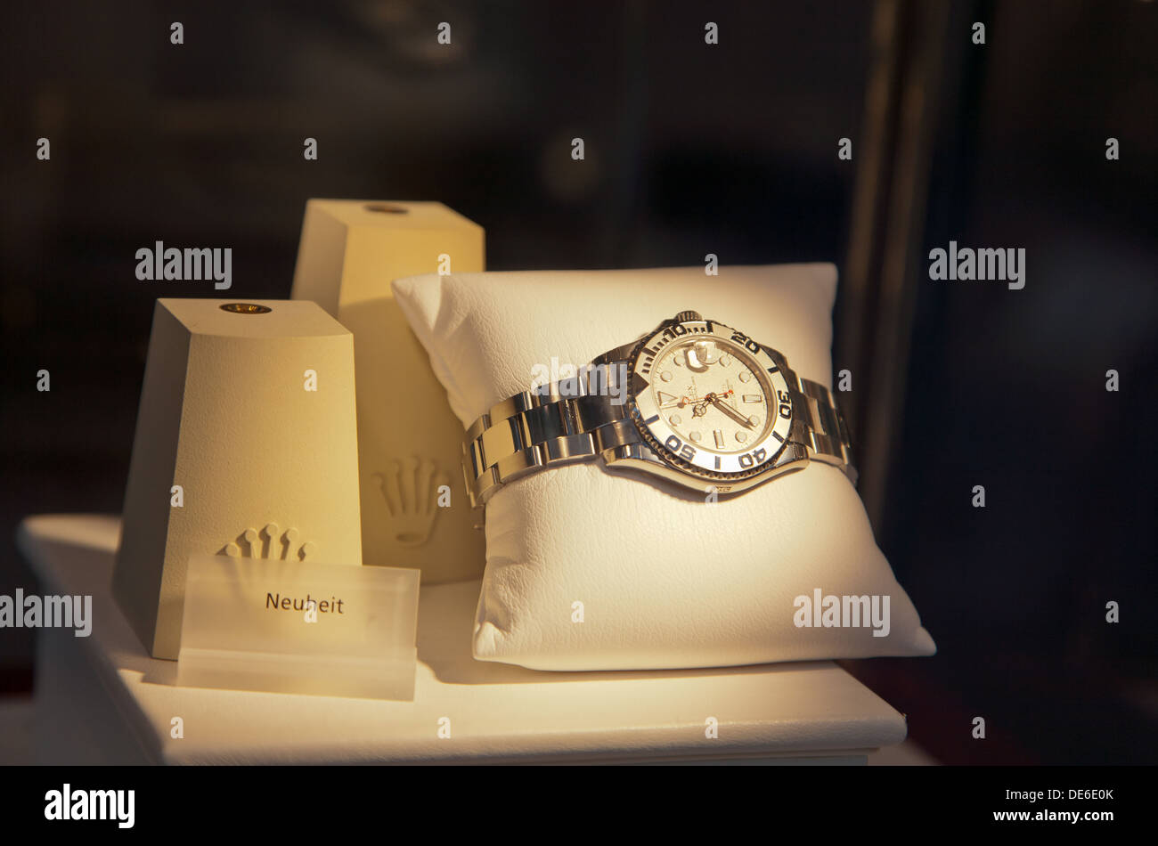 St. Moritz, Switzerland, Rolex clock in the window of a on business ...