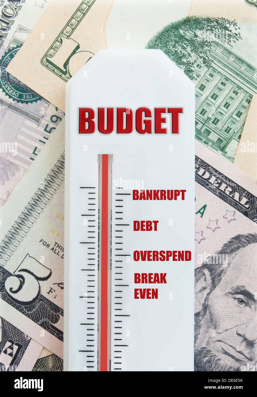 Budget concept with thermometer on top of dollar banknotes Stock Photo ...
